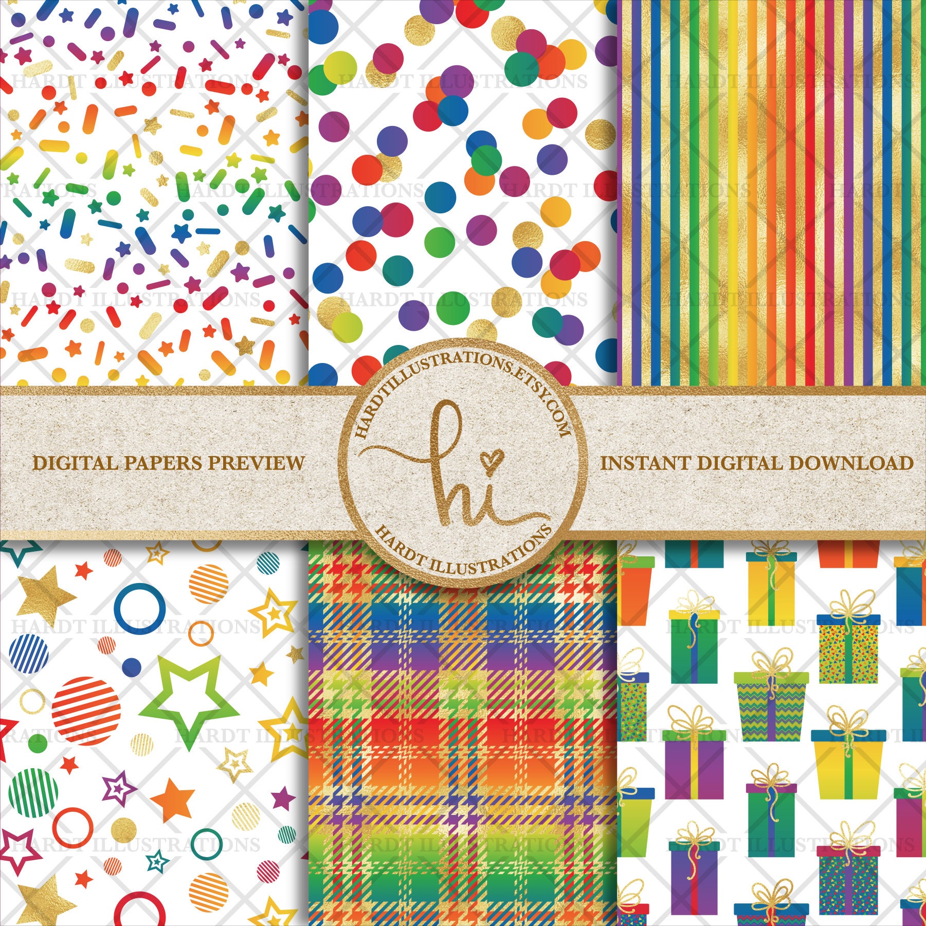 Rainbow Birthday Digital Paper Colorful Party Designs | Etsy