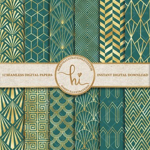Teal & Gold Foil Art Deco Digital Paper, Geometric Design, Vintage ...