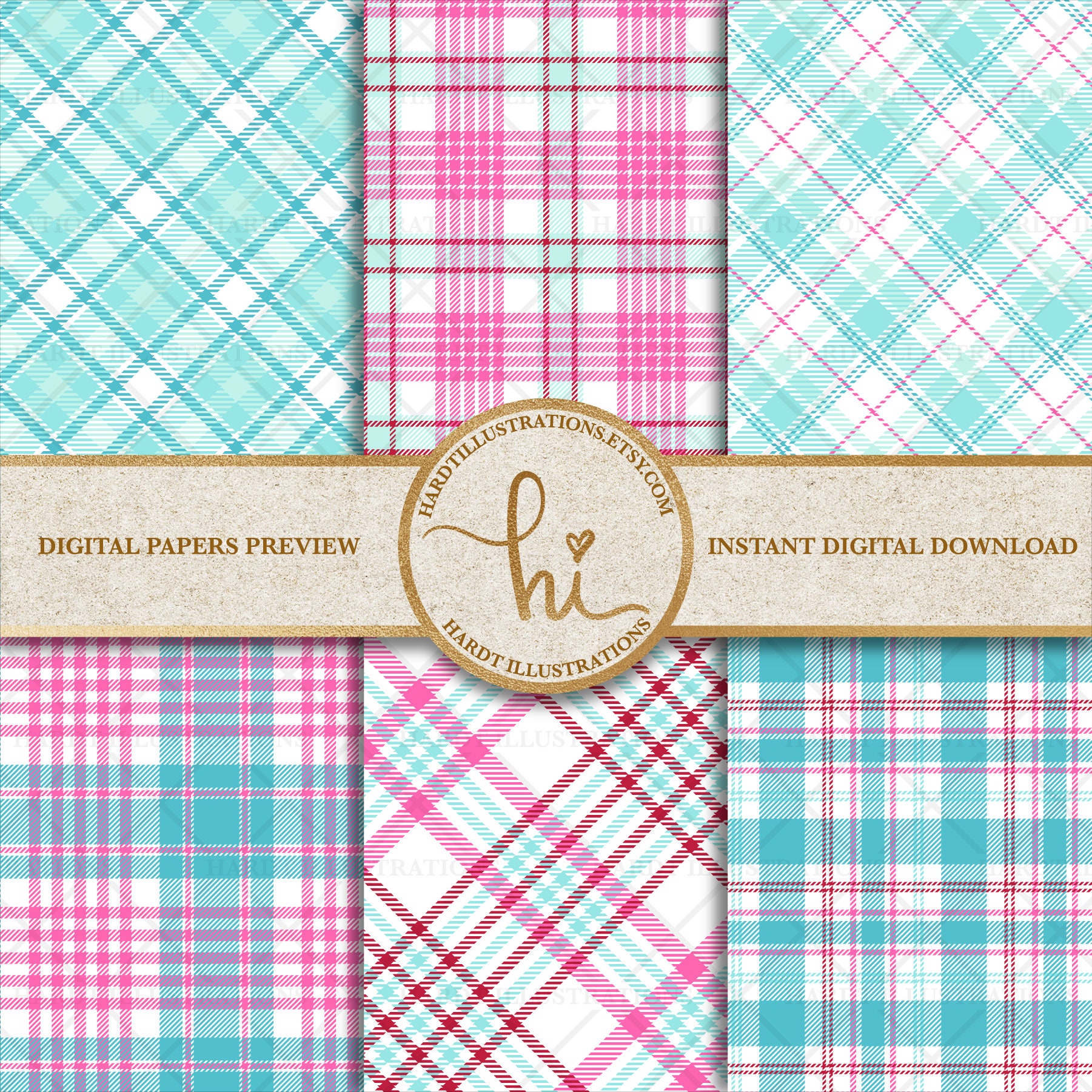 Pink & Blue Plaid Digital Paper Checkered Design Holiday | Etsy