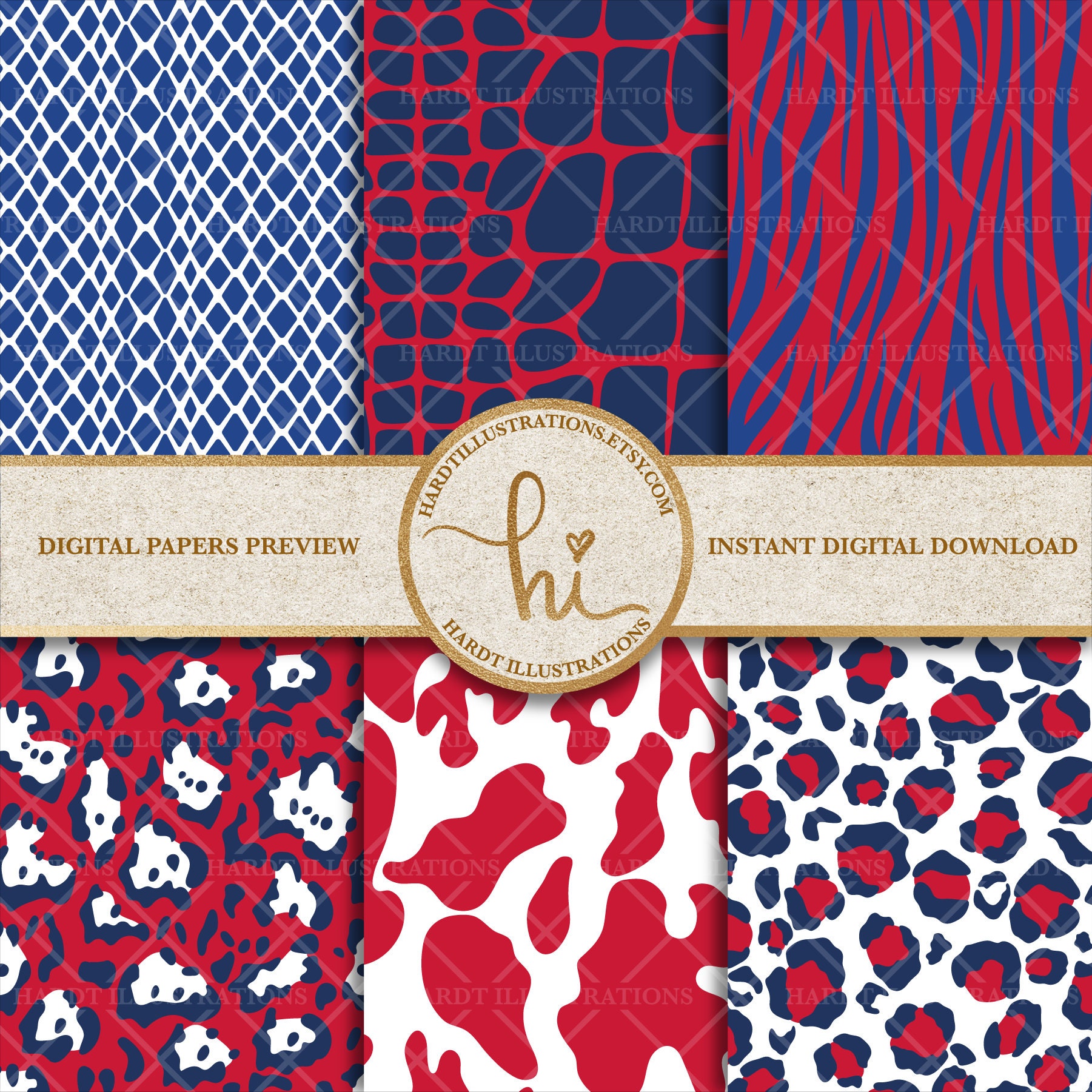 Red White & Blue Animal Print Digital Paper Safari Digital | Etsy