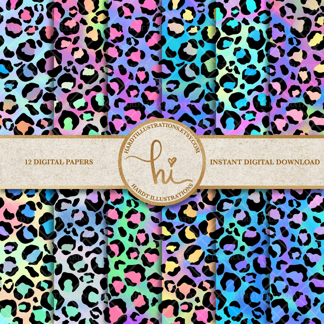 Holographic Leopard Print Digital Paper, Neon Rainbow Digital Paper ...