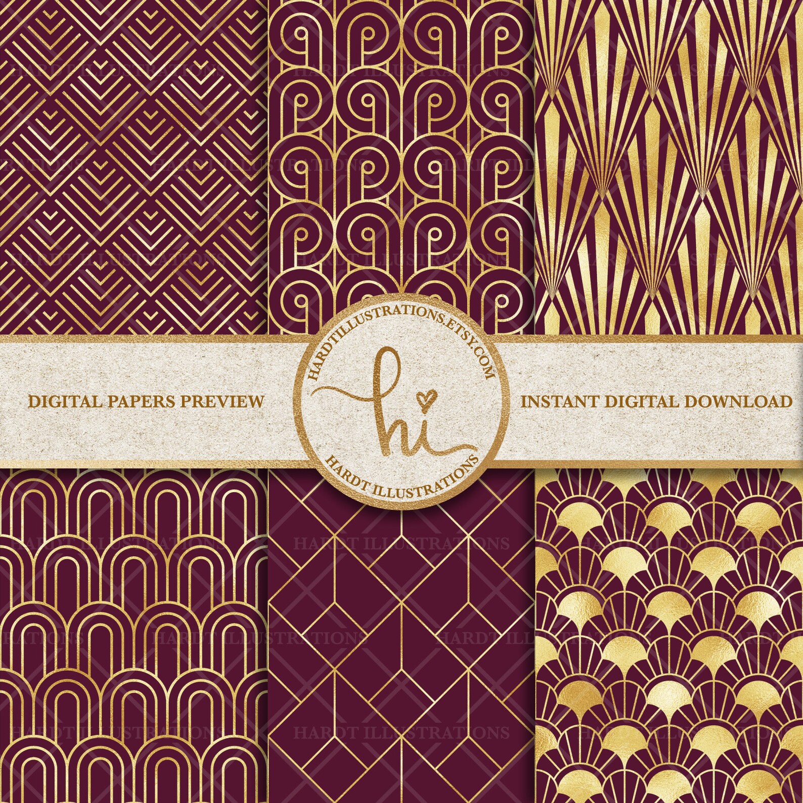 Burgundy & Gold Foil Art Deco Digital Paper Geometric Design | Etsy