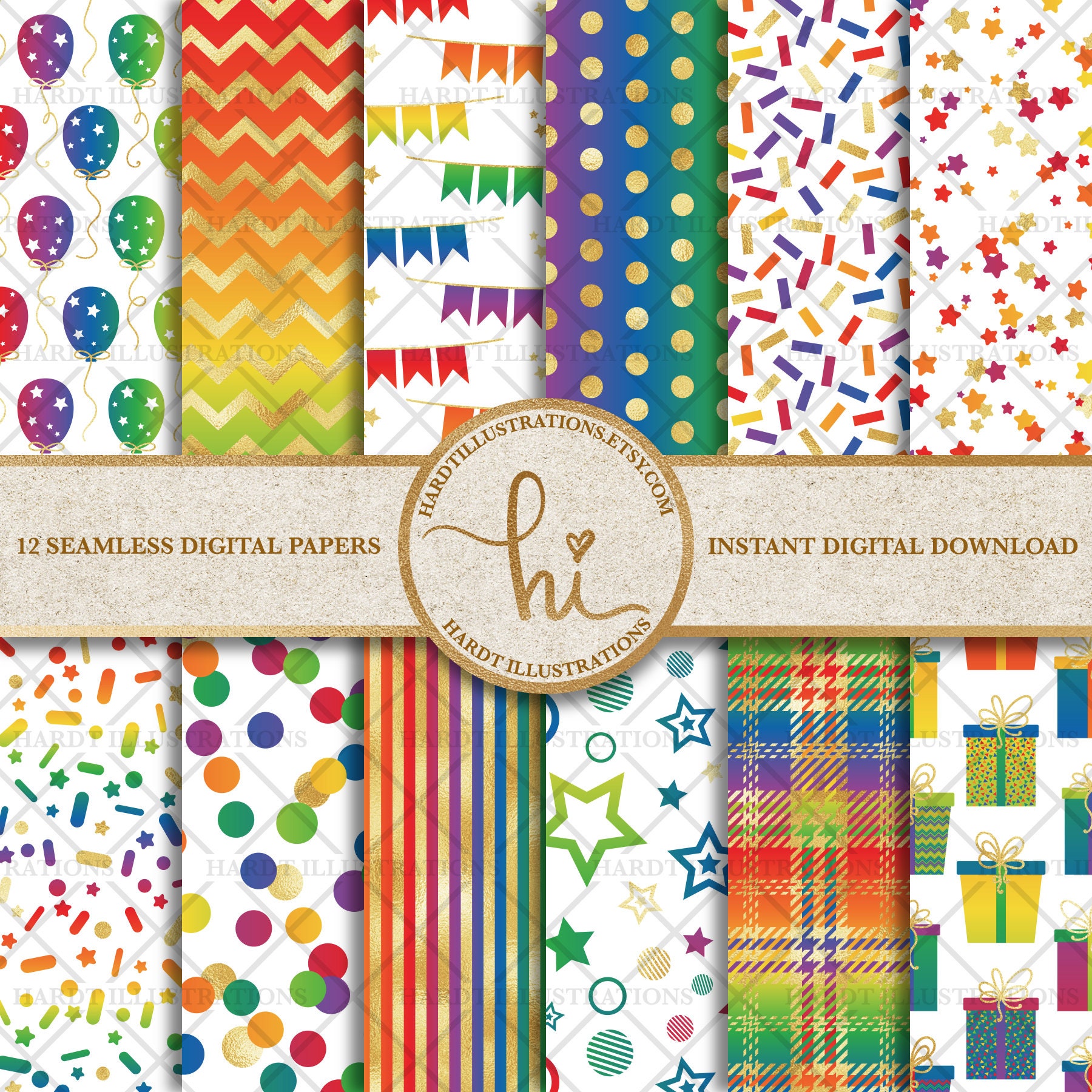 Rainbow Birthday Digital Paper Colorful Party Designs | Etsy