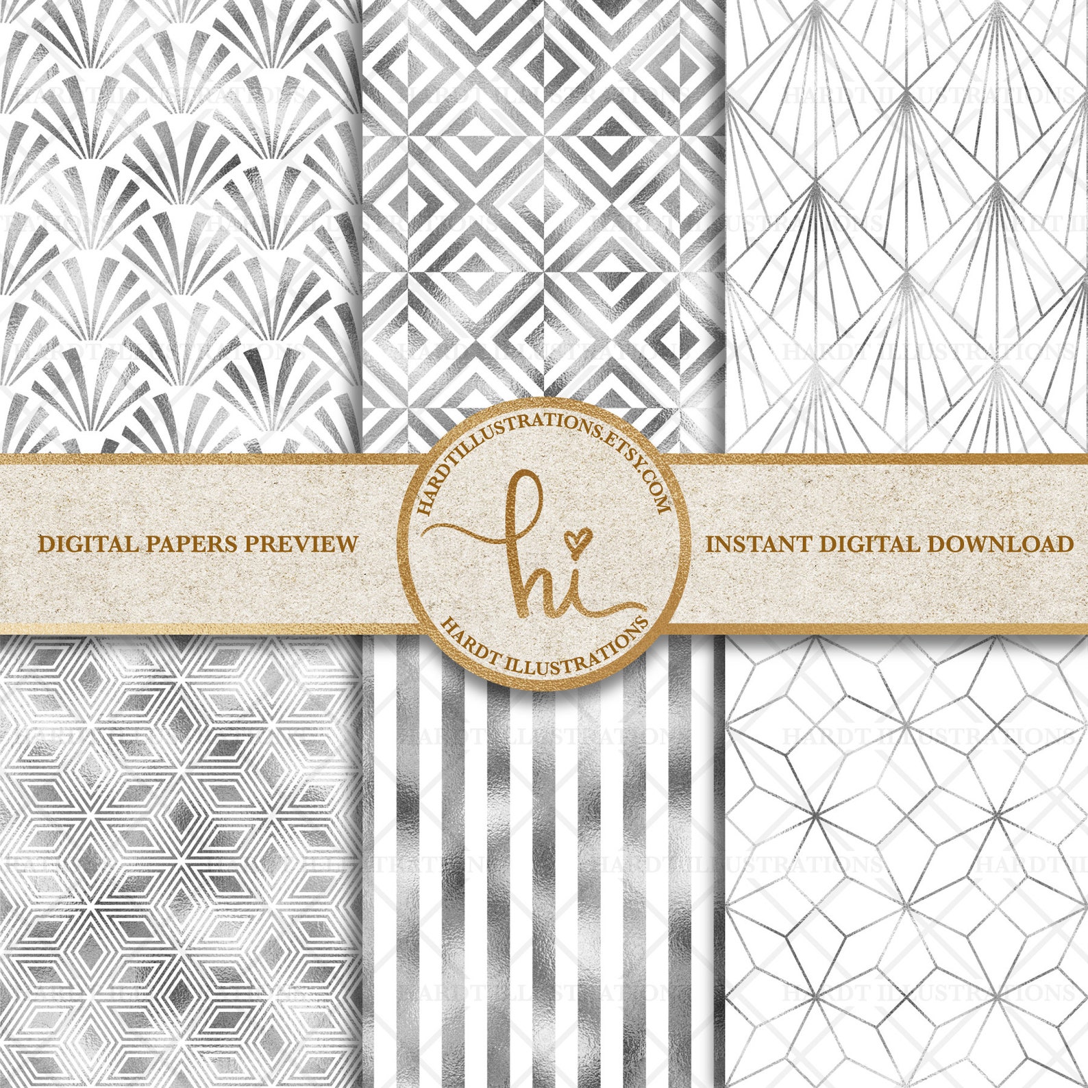 White & Silver Foil Art Deco Digital Paper Geometric Design | Etsy