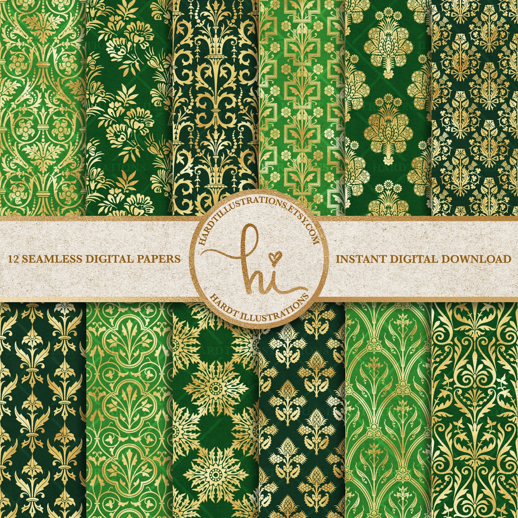 Green & Gold Foil Damask Digital Paper Vintage Emerald - Etsy