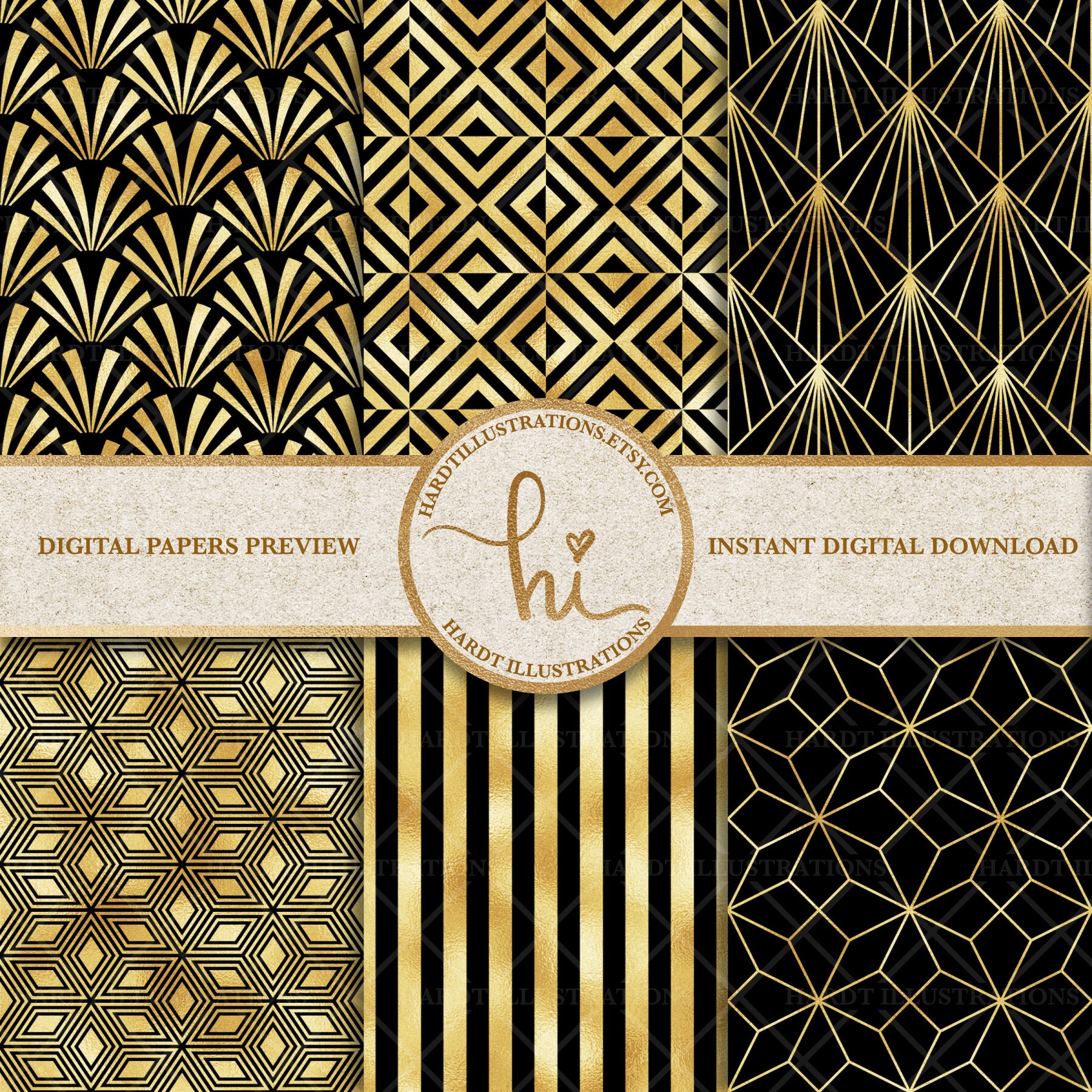 Black & Gold Foil Art Deco Digital Paper Geometric Design - Etsy