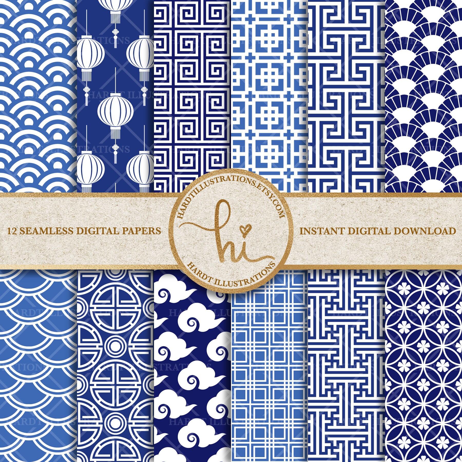 Blue & White China Digital Paper China Blue Geometric Asian - Etsy