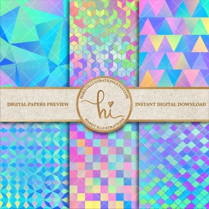 Neon Holographic Designs Digital Paper, Geometric Rainbow Digital Paper ...