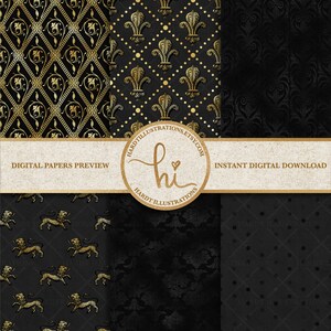 Black & Gold Foil Heraldic Digital Paper, Vintage Medieval Background ...