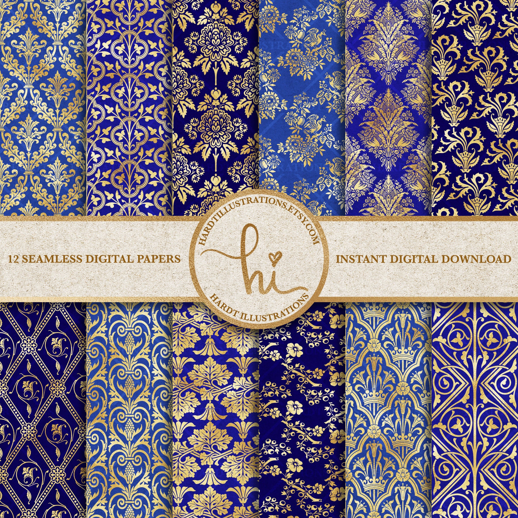 Blue & Gold Foil Damask Digital Paper Vintage Navy | Etsy