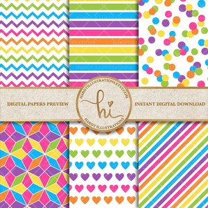 Bright Rainbow Digital Paper, Colorful Rainbow Pattern, Geometric ...
