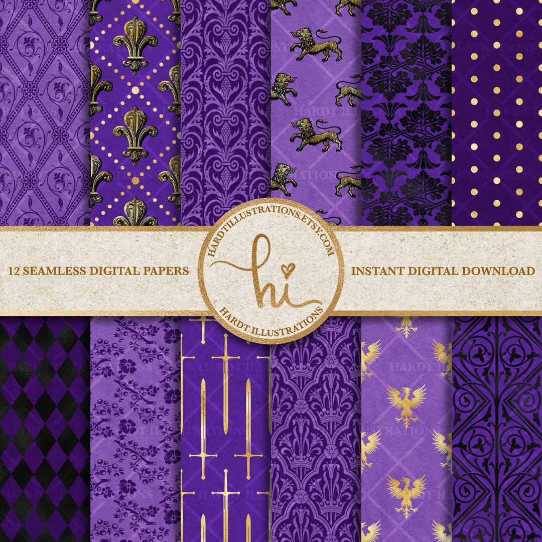 Purple & Gold Foil Heraldic Digital Paper, Violet Medieval Background ...