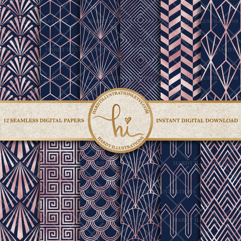 Navy & Rose Gold Foil Art Deco Digital Paper Geometric - Etsy