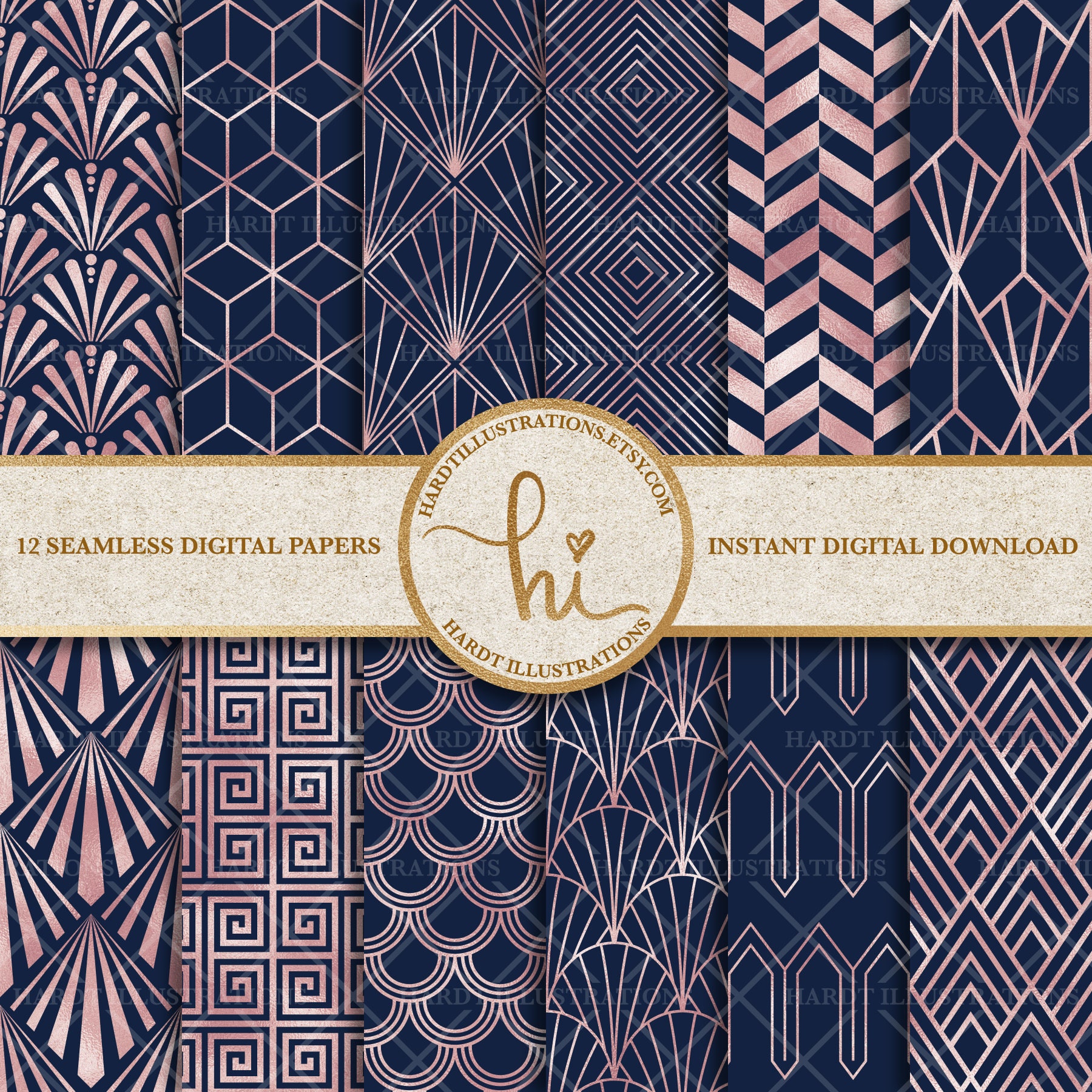 Navy & Rose Gold Foil Art Deco Digital Paper Geometric | Etsy