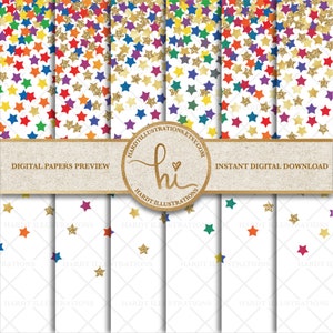 Rainbow Star Confetti Digital Paper, Falling Confetti Background, Foil ...