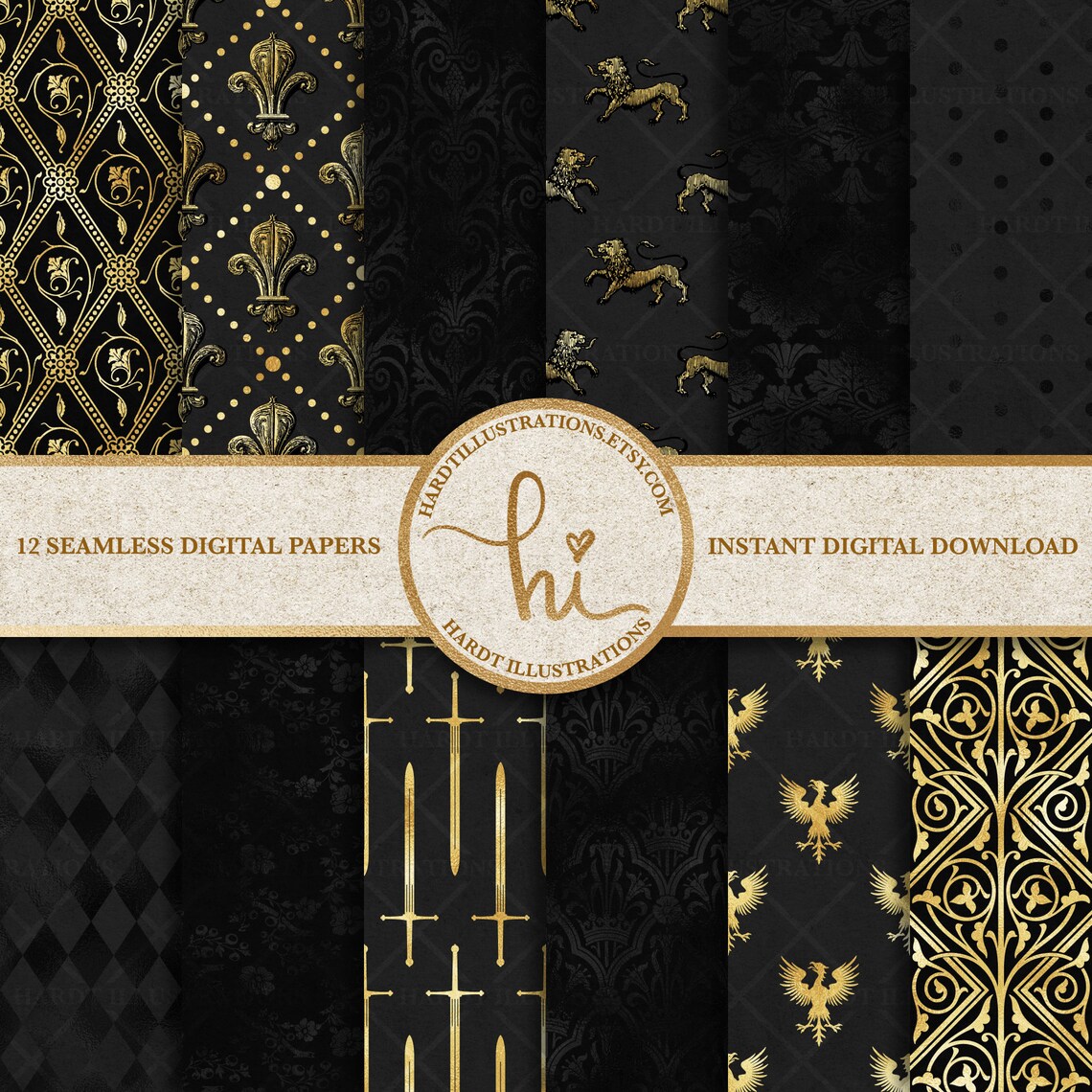 Black & Gold Foil Heraldic Digital Paper Vintage Medieval | Etsy