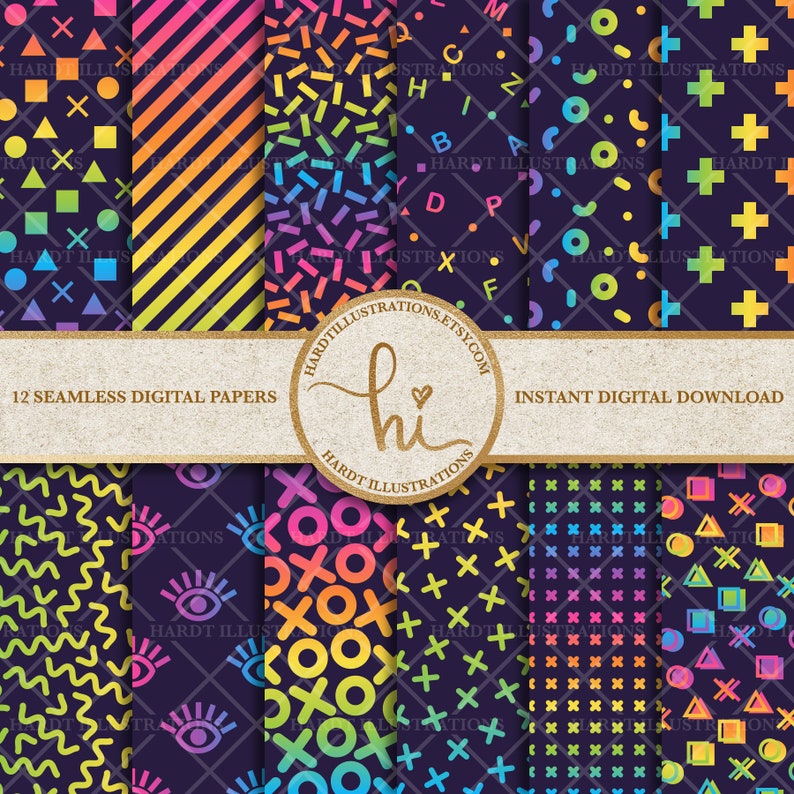 Bright Rainbow Retro Digital Paper Holographic Neon Ombre | Etsy