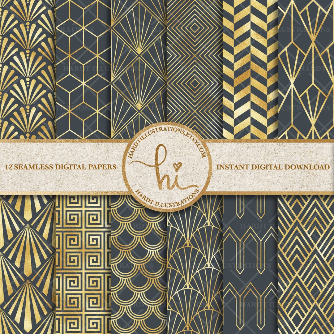 Charcoal & Gold Foil Art Deco Digital Paper, Geometric Design, Vintage ...
