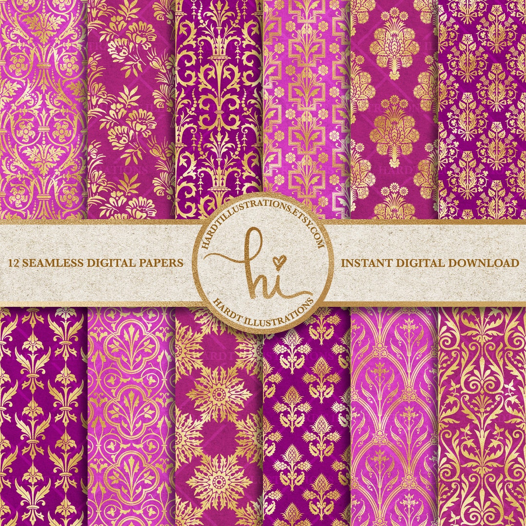 Magenta & Gold Foil Damask Digital Paper, Vintage Fuchsia Background ...