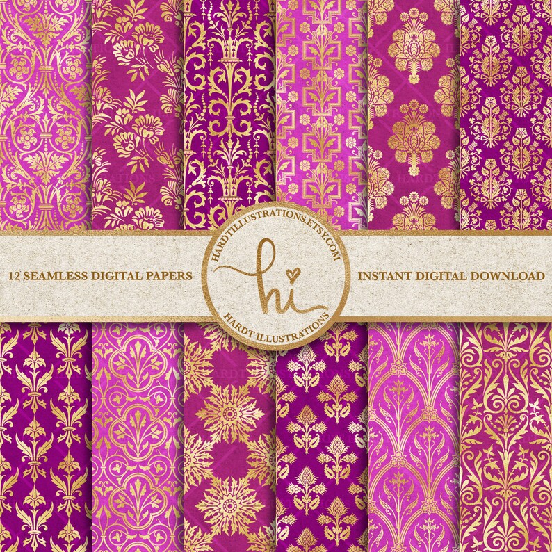 Magenta & Gold Foil Damask Digital Paper Vintage Fuchsia | Etsy