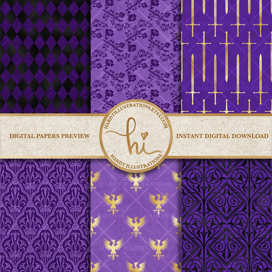 Purple & Gold Foil Heraldic Digital Paper Violet Medieval - Etsy
