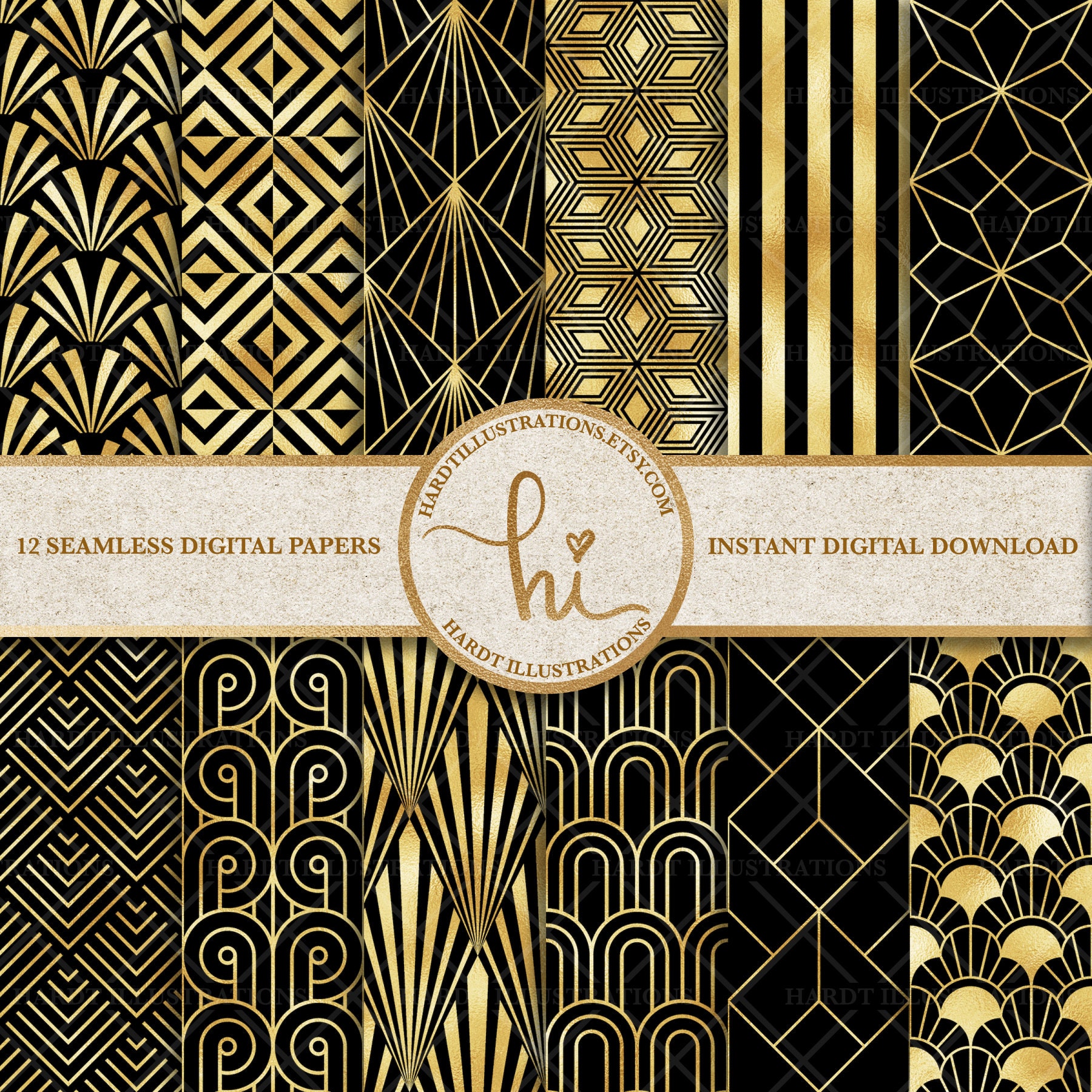 Black & Gold Foil Art Deco Digital Paper Geometric Design - Etsy
