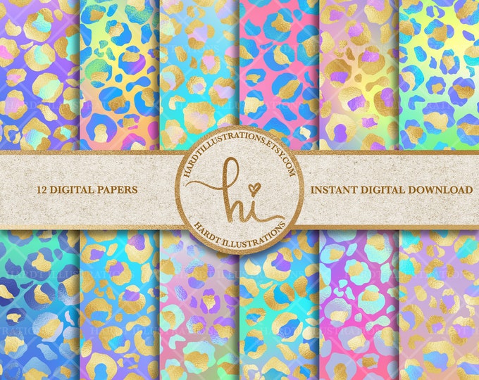 Holographic Leopard Print Digital Paper, Neon Rainbow Digital Paper ...