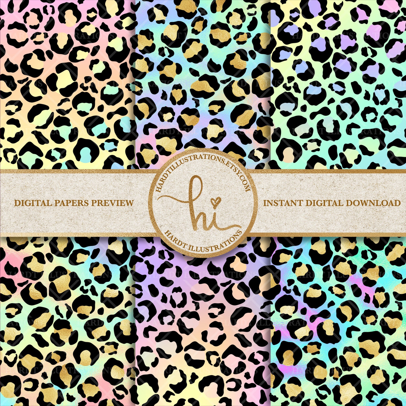 Pastel Leopard Print Digital Paper, Holographic Rainbow Digital Paper ...