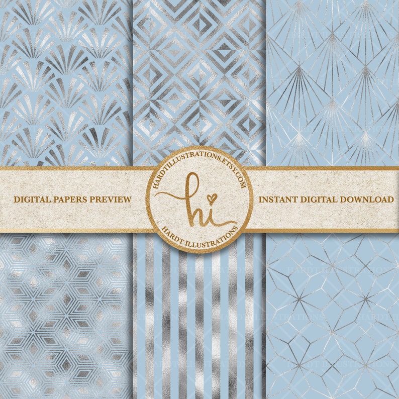 Baby Blue & Silver Foil Art Deco Digital Paper Geometric | Etsy