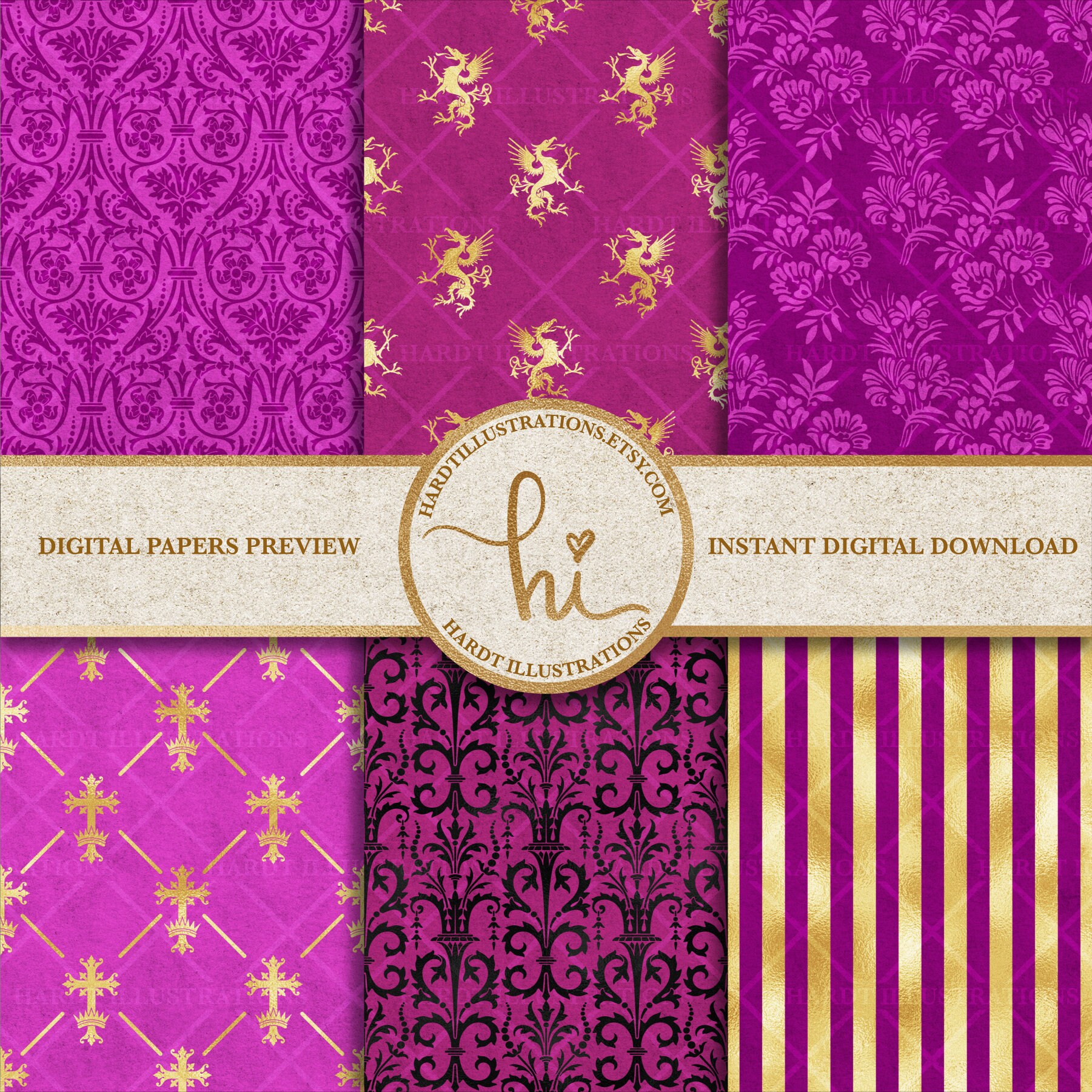 Magenta & Gold Foil Heraldic Digital Paper Fuchsia Medieval - Etsy