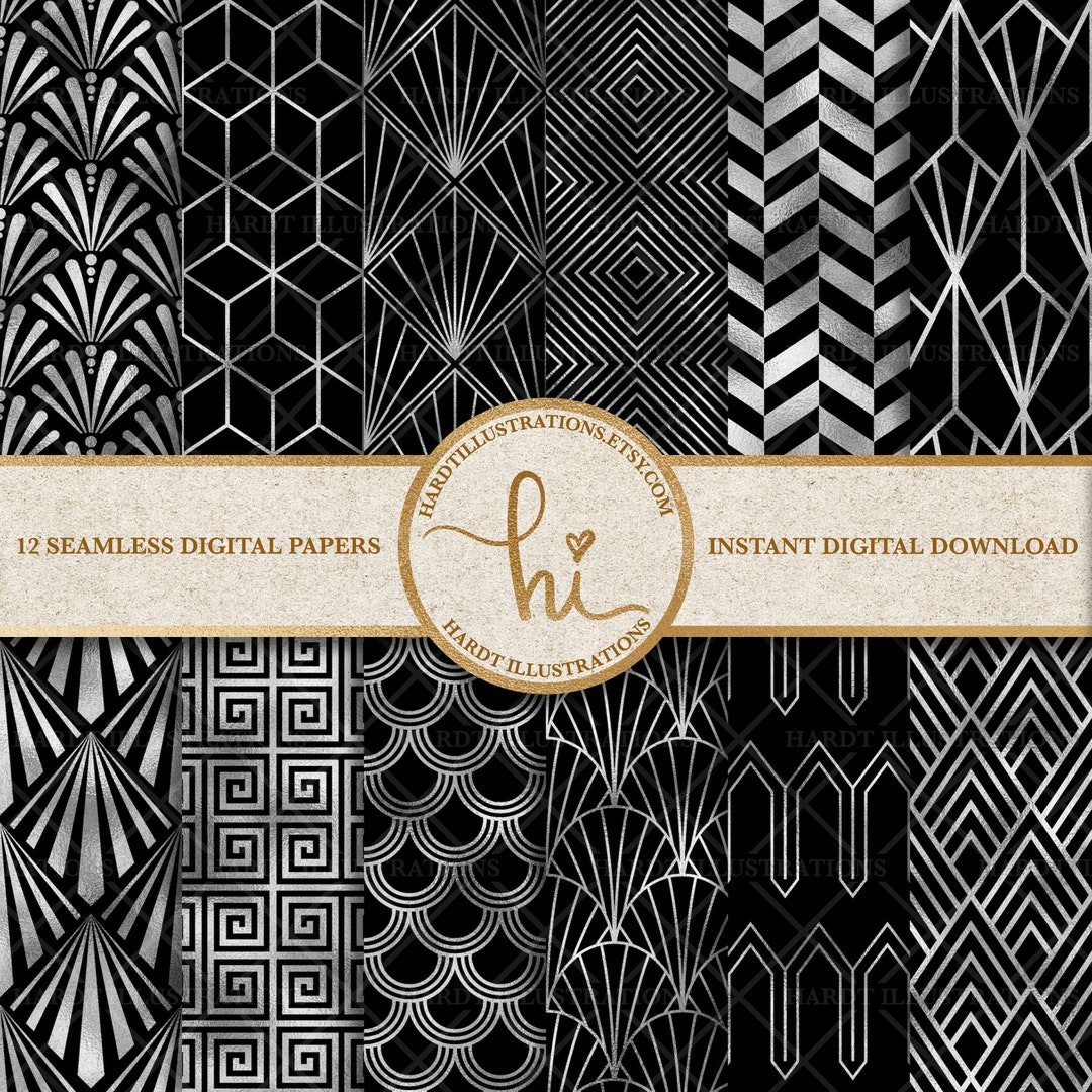 Black & Silver Foil Art Deco Digital Paper, Geometric Design, Vintage ...