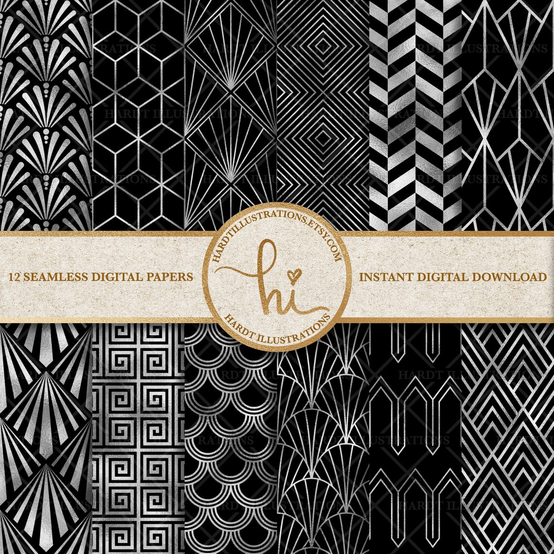 Black & Silver Foil Art Deco Digital Paper Geometric Design - Etsy
