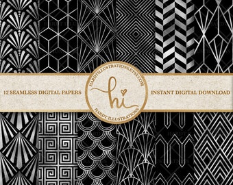 White & Silver Foil Art Deco Digital Paper Geometric Design | Etsy