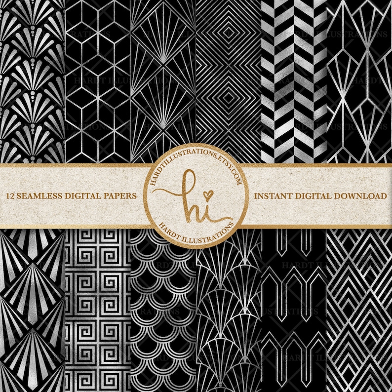 Black & Silver Foil Art Deco Digital Paper Geometric Design - Etsy