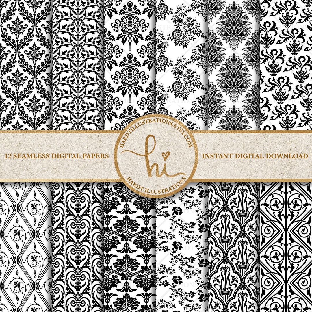 Black & White Damask Digital Paper, Vintage Damask Background ...