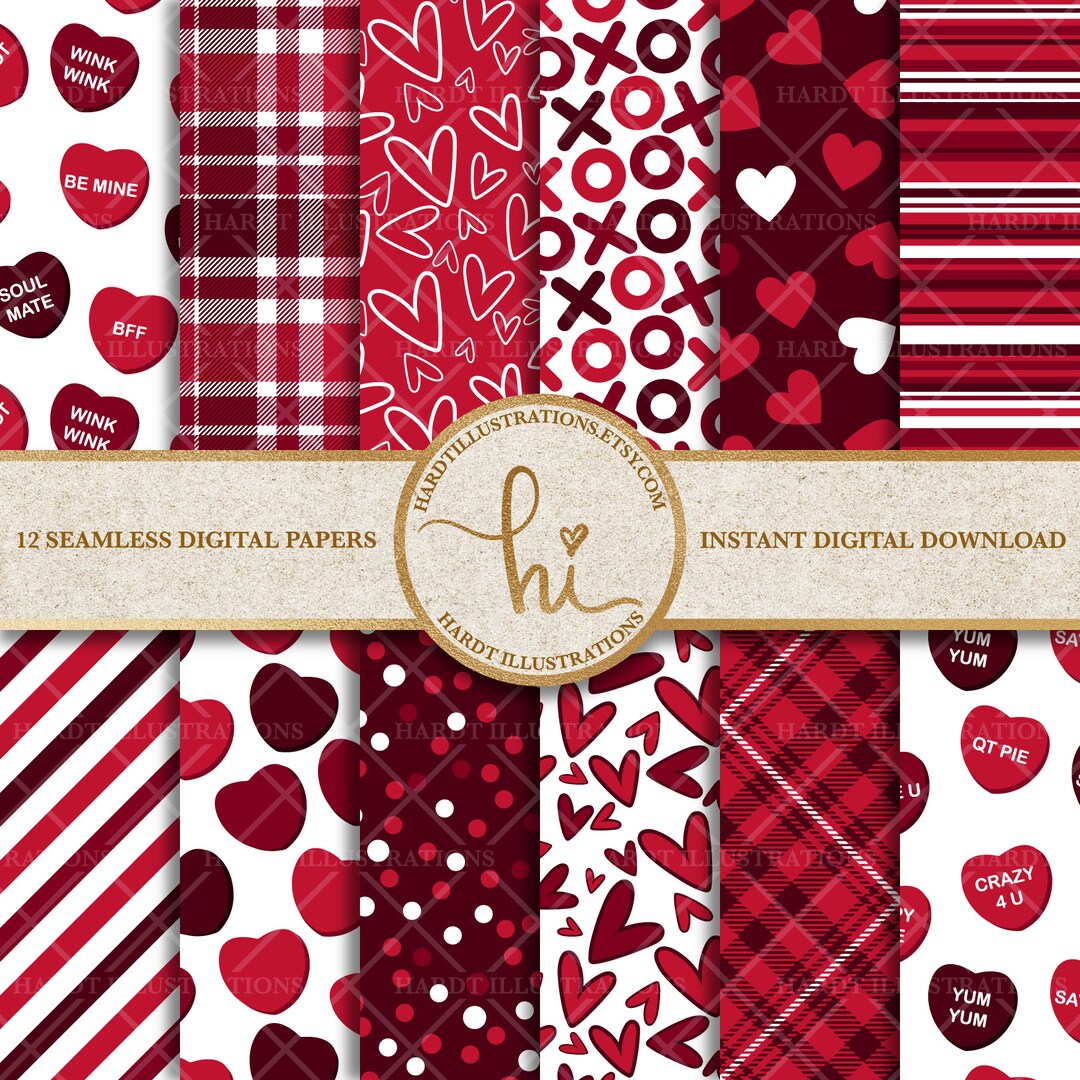Burgundy Candy Heart Digital Paper, Valentine Digital Paper ...