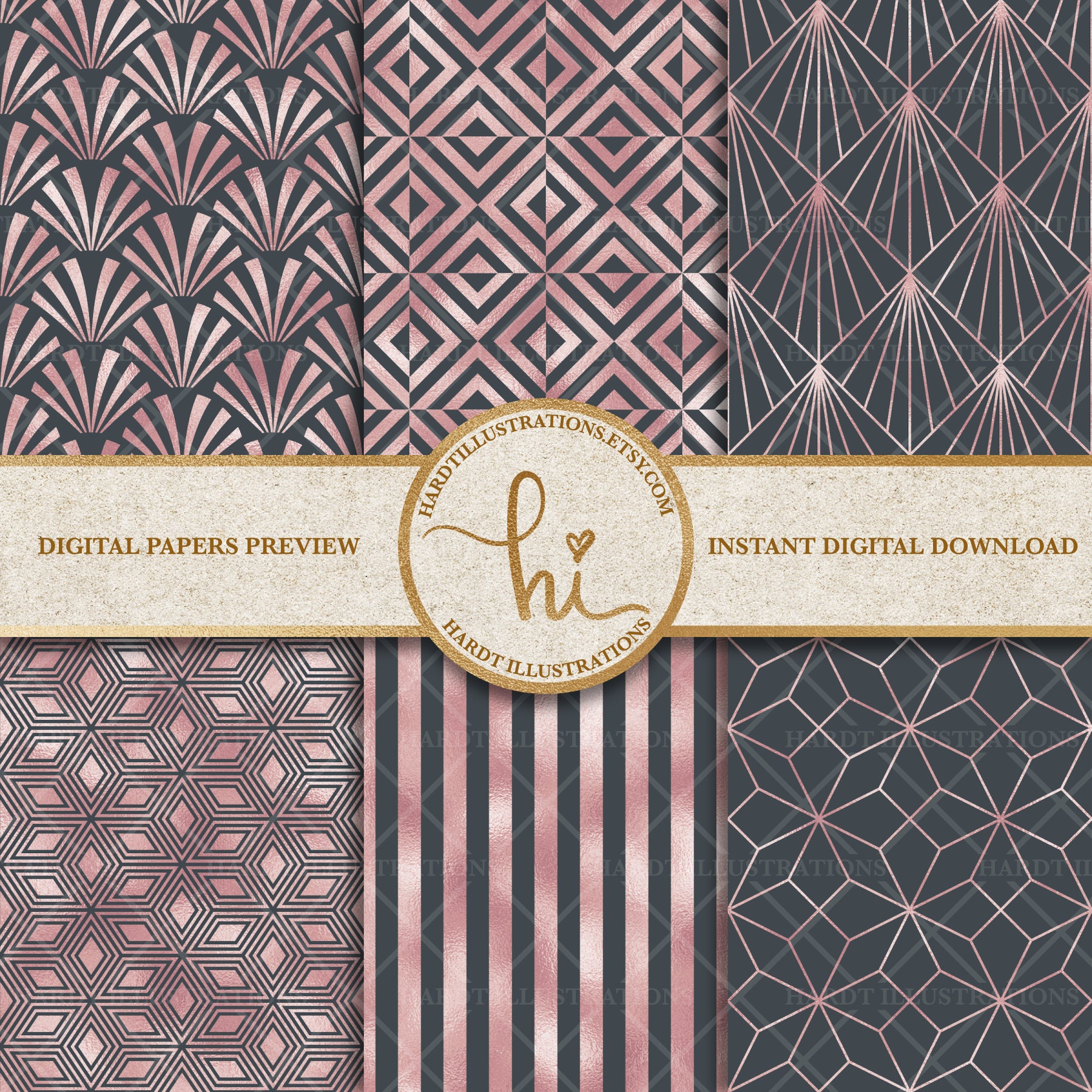 Charcoal & Rose Gold Foil Art Deco Digital Paper Geometric | Etsy