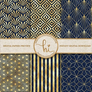 Navy & Gold Foil Art Deco Digital Paper, Geometric Design, Vintage ...