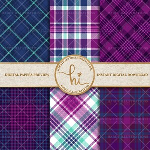 Plum & Navy Plaid Digital Paper, Aqua Checkered Design, Plaid Check ...