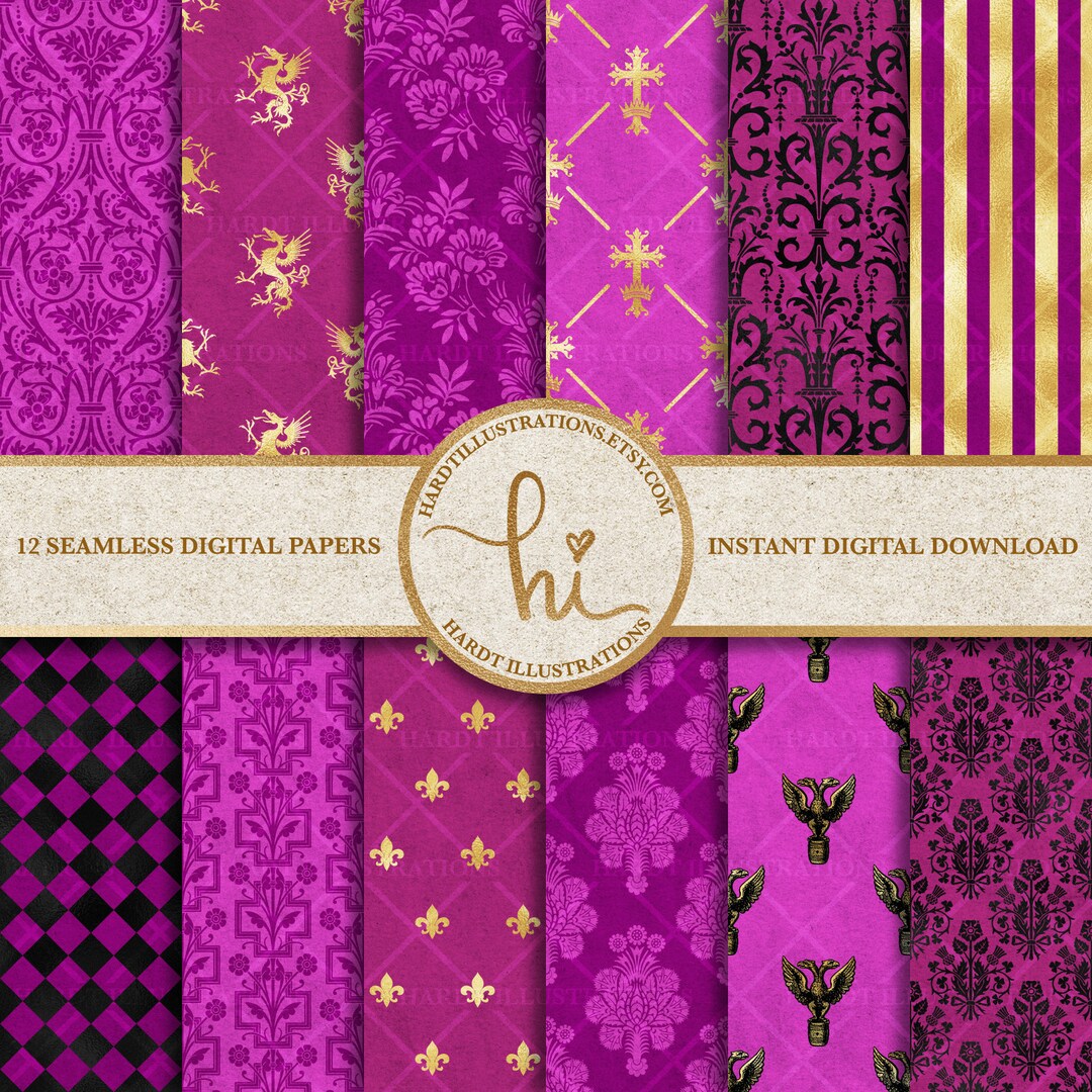 Magenta & Gold Foil Heraldic Digital Paper, Fuchsia Medieval Background ...