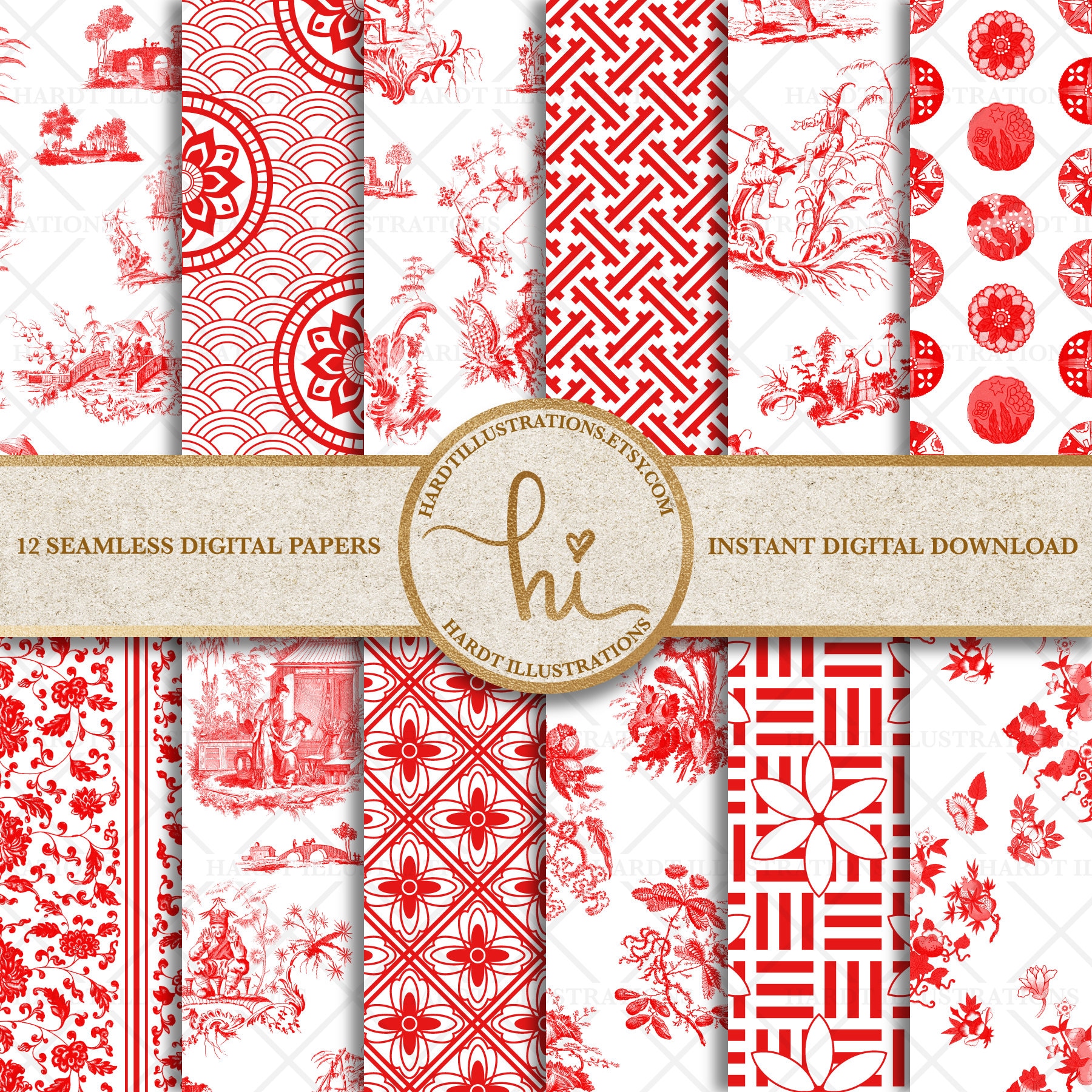 Red & White Chinoiserie Digital Paper Vintage Chinoiserie | Etsy