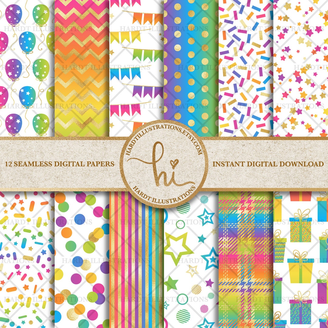 Bright Rainbow Birthday Digital Paper, Colorful Party Designs, Confetti ...
