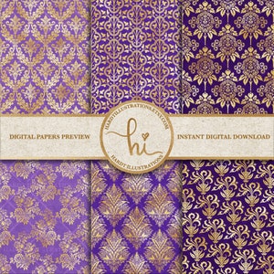 Purple & Gold Foil Damask Digital Paper, Vintage Violet Background ...