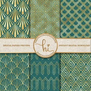 Teal & Gold Foil Art Deco Digital Paper, Geometric Design, Vintage ...