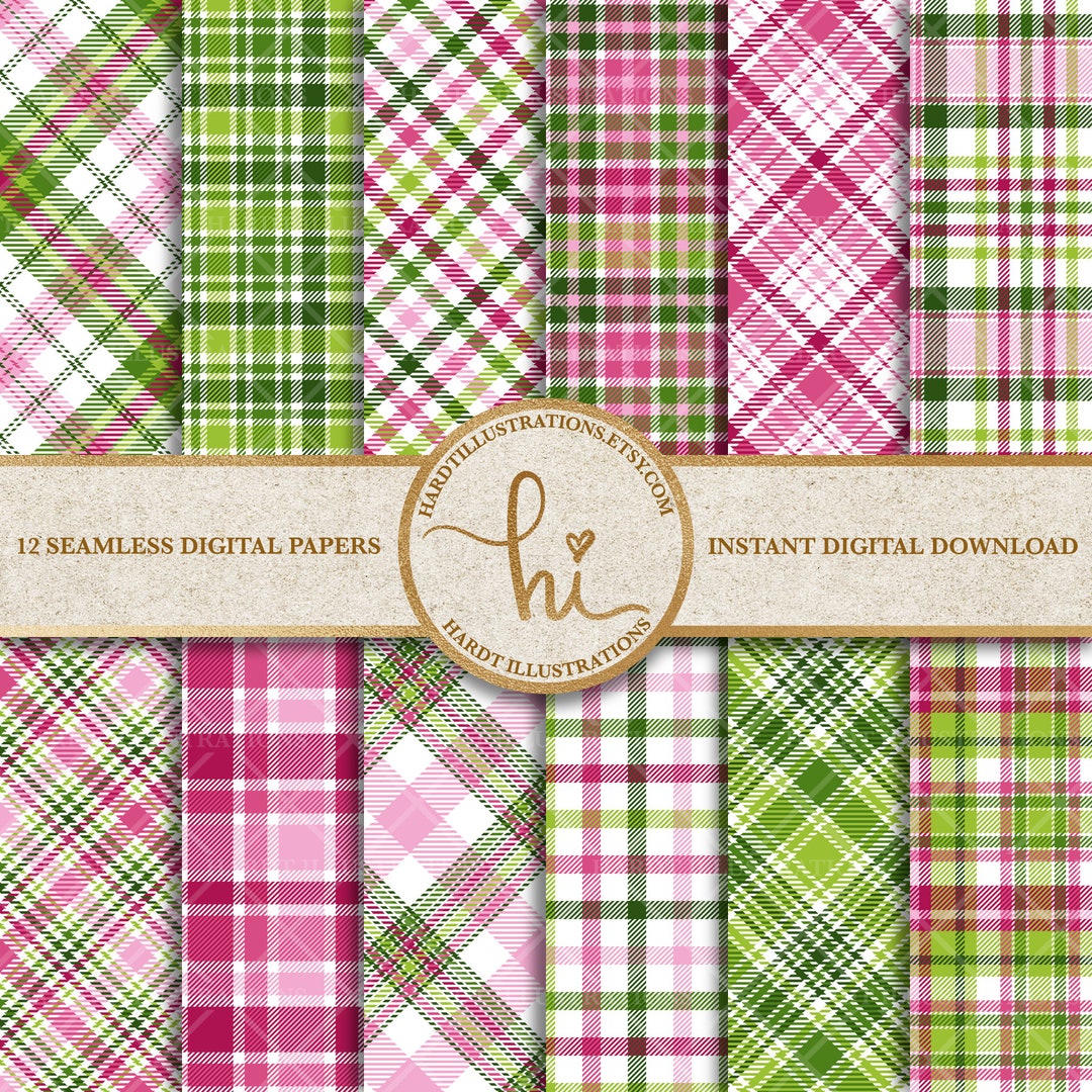 Peony Plaid Digital Paper, Pink & Green Plaid Digital Paper, Tartan ...