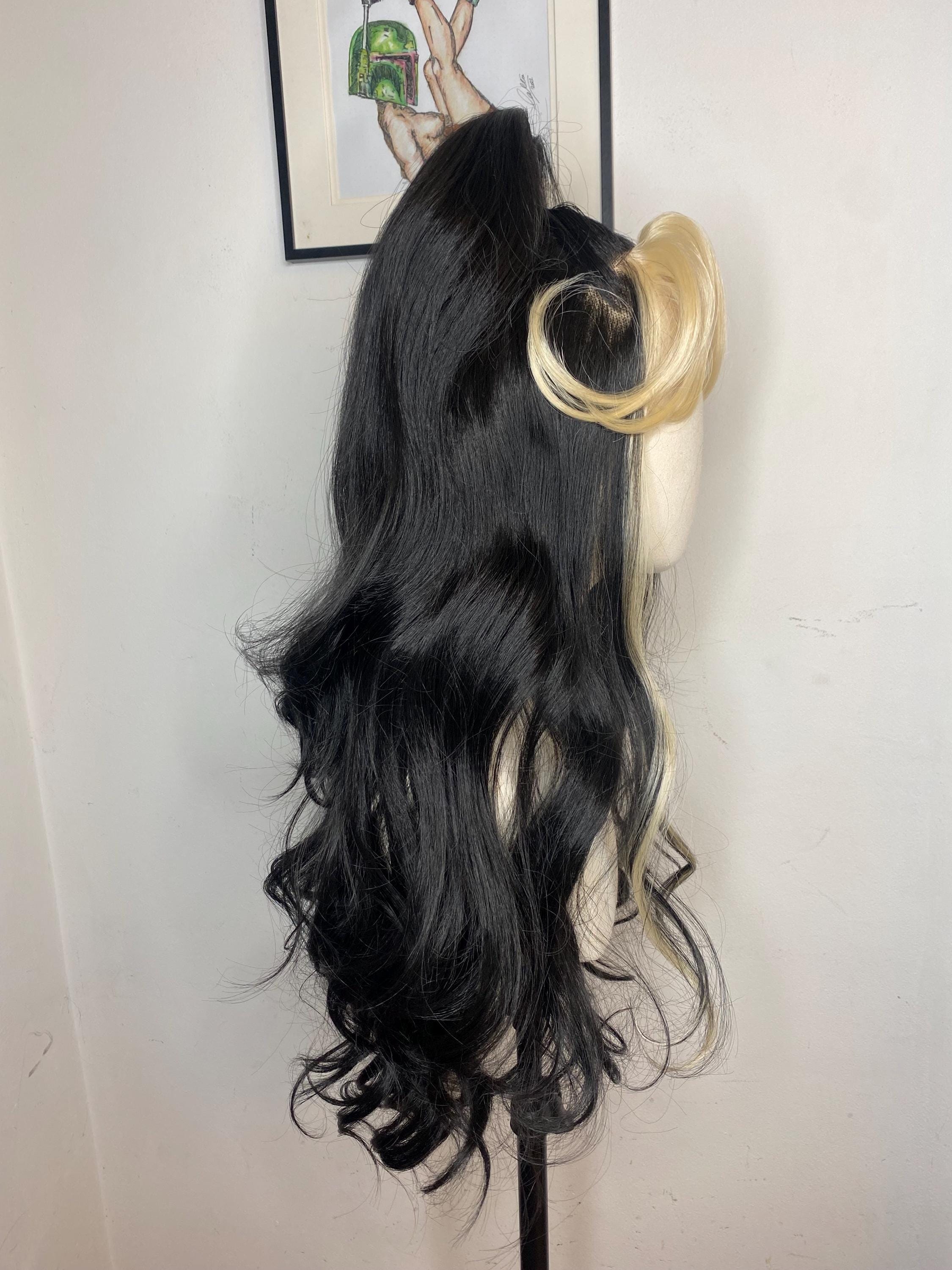 Blonde Curtain Bangs Black Hair Half Ponytail Body Wave Lace Front Wig ...