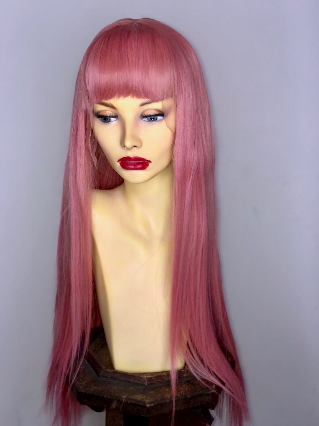 Pink Lace Front Wig With Bangs | Heat Resistant Synthetic Hair - Etsy