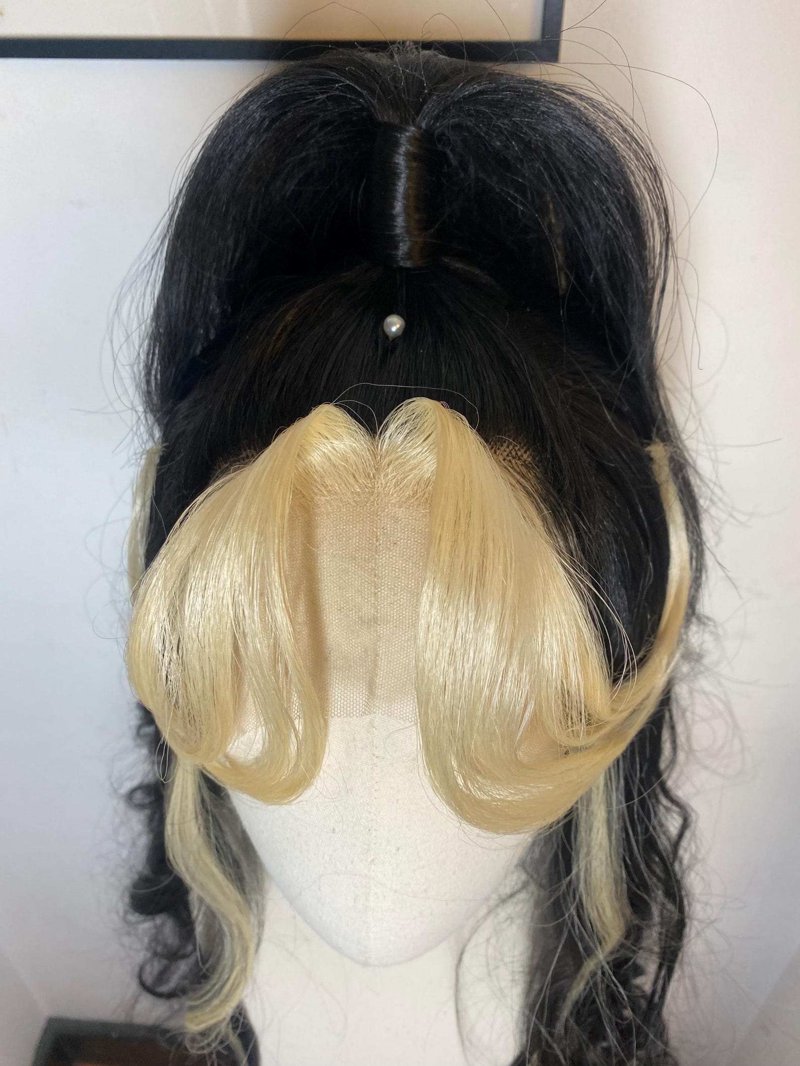 Blonde Curtain Bangs Black Hair Half Ponytail Body Wave Lace Front Wig ...