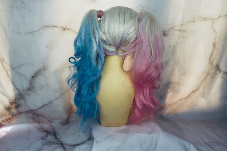 Harley Blonde, Pink, Blue Split Dye Lace Front Pigtails Bunches Wig ...