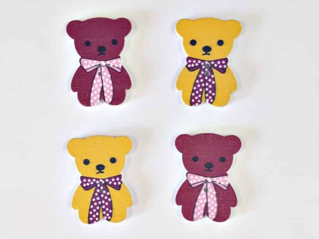 4 Teddy Bear Buttons Wooden Bear Buttons Quilting Sewing Embellishments ...